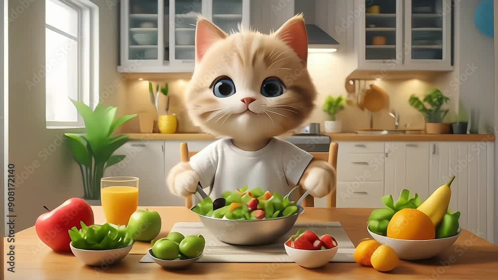 cat in the kitchen, a cute kitten cook preparing a salad in the kitchen ...