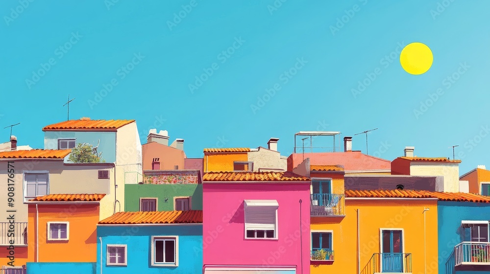 Colorful Mediterranean Village Under Sunny Skies - A vibrant scene of ...