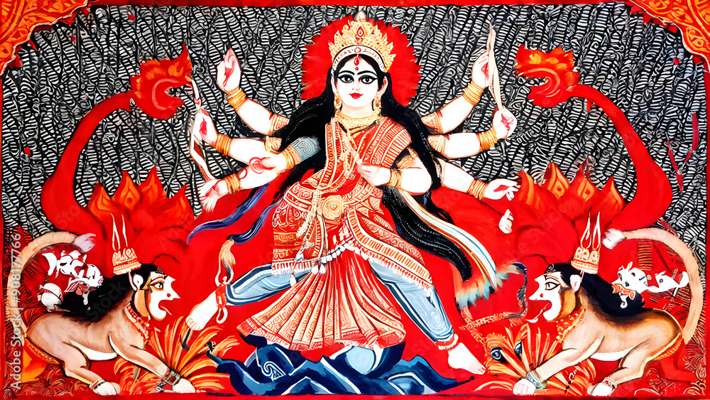A compelling image of Goddess Durga engaged in battle with the monster ...