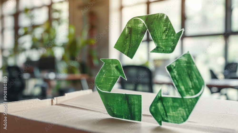 Green Recycle Symbol on Cardboard Box, Office Background ...