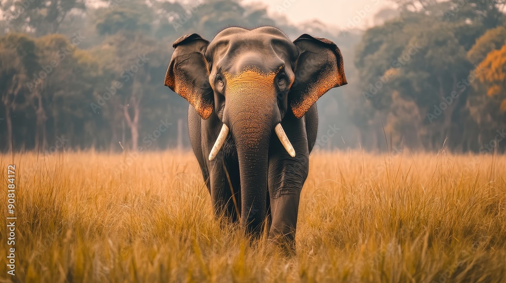 Majestic Elephant in a Golden Grassland - A powerful elephant stands ...