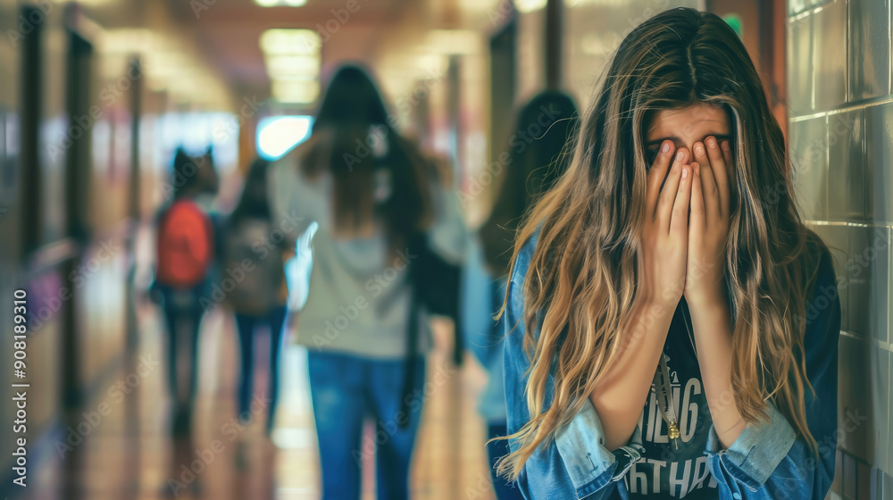 sad schoolgirl covers her face with her hands against the background of ...