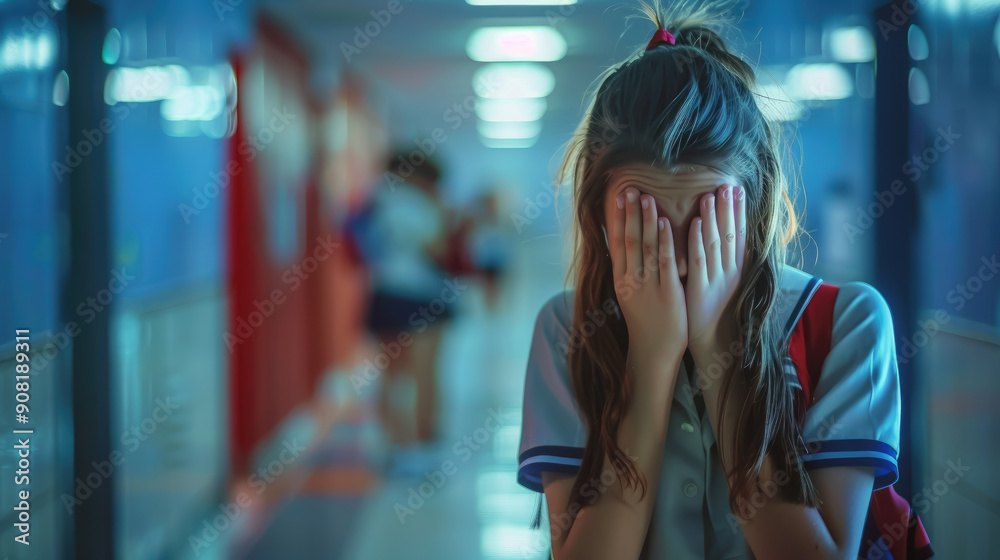 sad schoolgirl covers her face with her hands against the background of ...