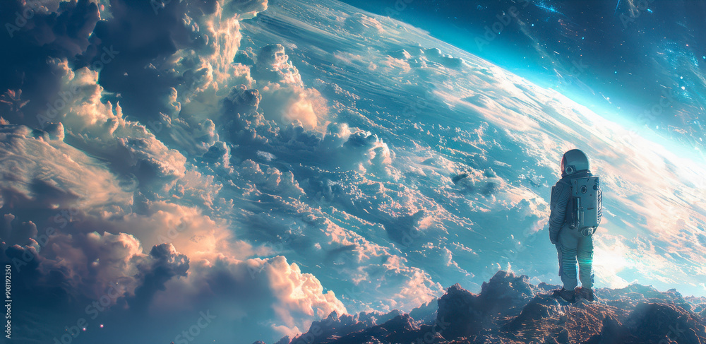 Human Astronaut Gazing at Earth's Surface from Space, Surreal Sci-Fi ...
