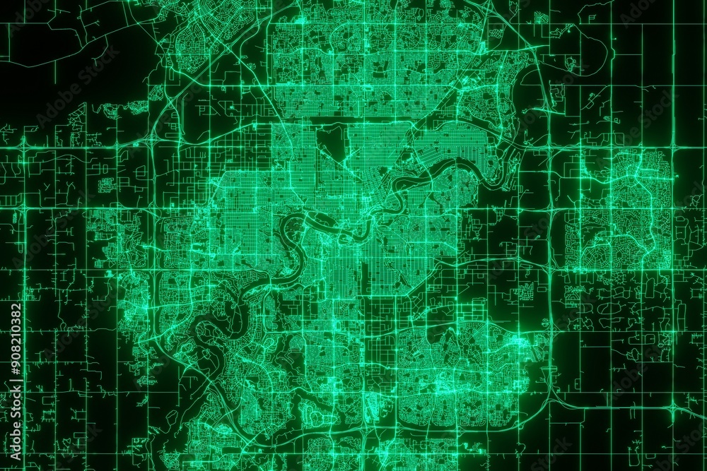 Map of the streets of Edmonton (Canada) made with green illumination ...