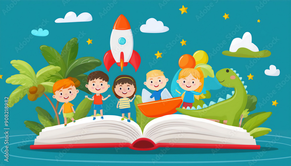 Cute Cartoon Kids standing near Open Book with Dinosaur, Rocket, Boat ...