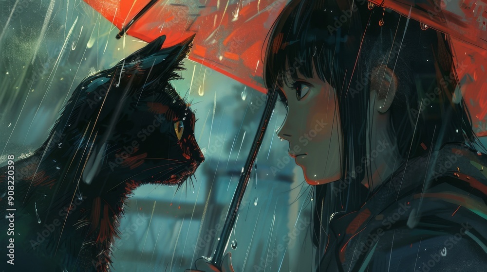 Beautiful girl and black cat look at each other in the rain. Ai ...