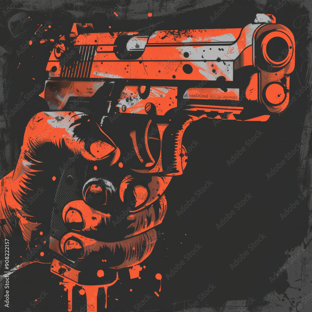 Hand gun vector design, flat illustration, t-shirt print style, simple lines, graffiti splatter ...