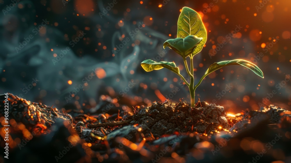 New Life From Ashes, A Single Plant Emerging from Burnt Soil, Hope in ...