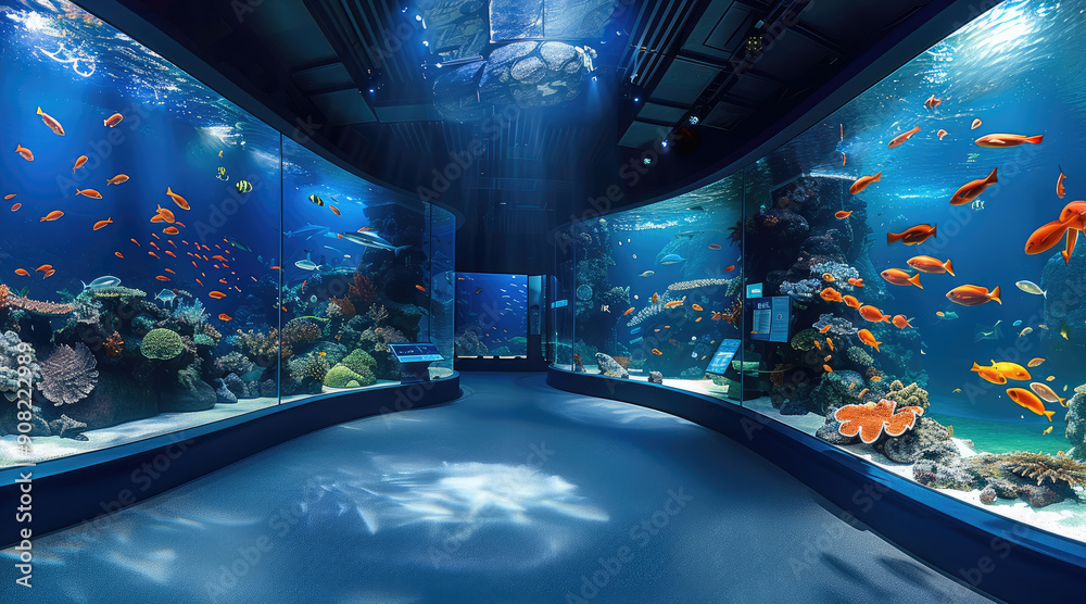 Oceanarium, various marine fish, special display boards, creative ...