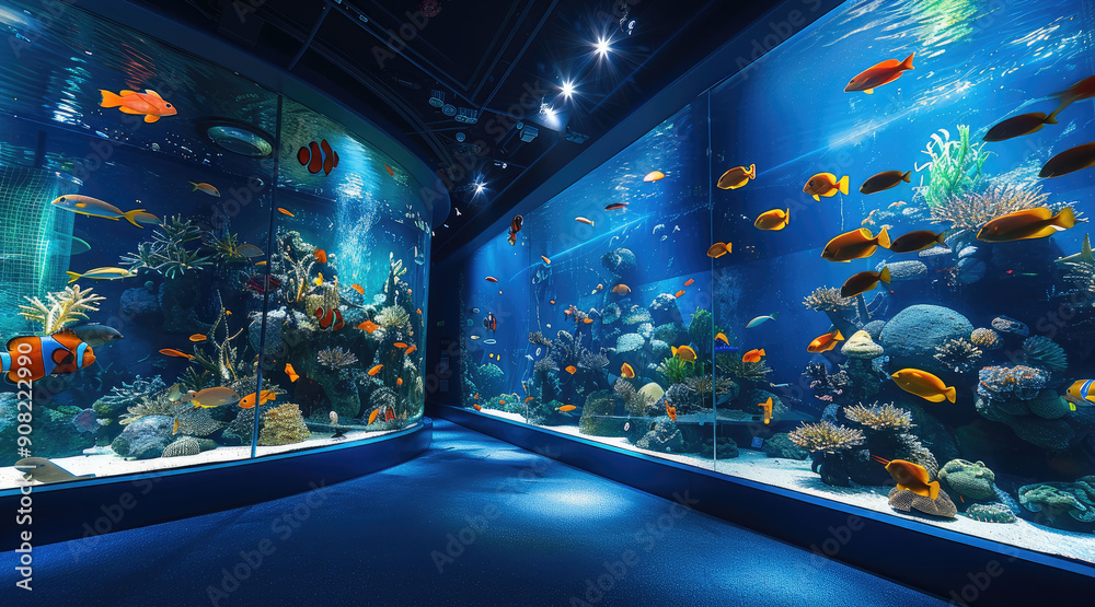 Oceanarium, various marine fish, special display boards, creative ...