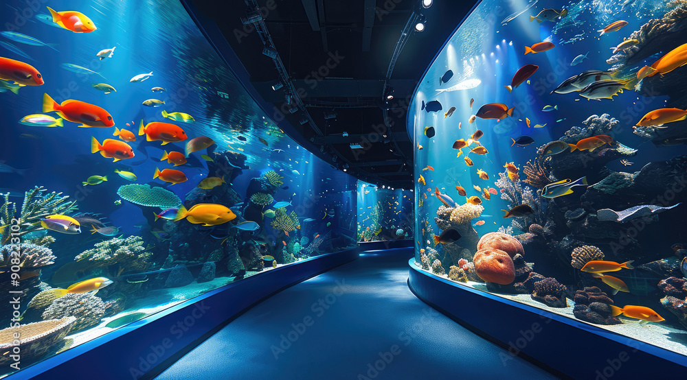 Oceanarium, various marine fish, special display boards, creative ...