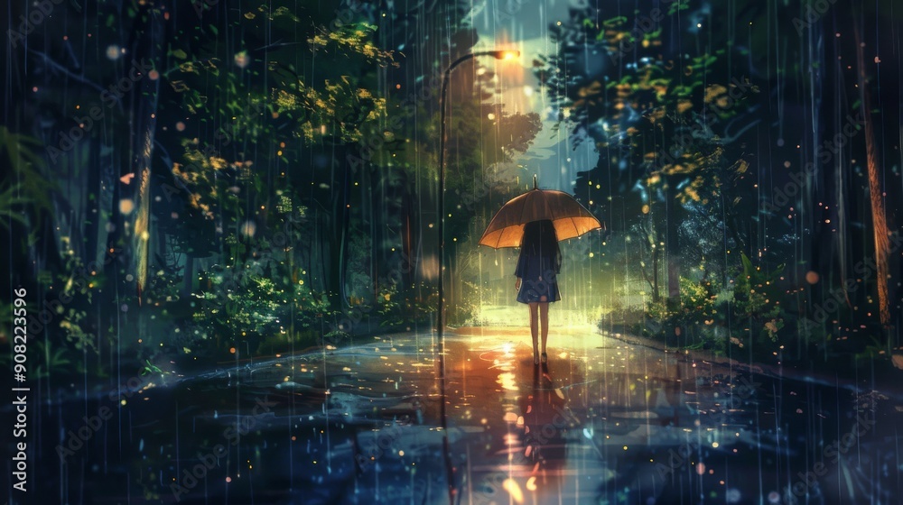 Lonely anime style girl holding umbrella and standing, walking in the ...