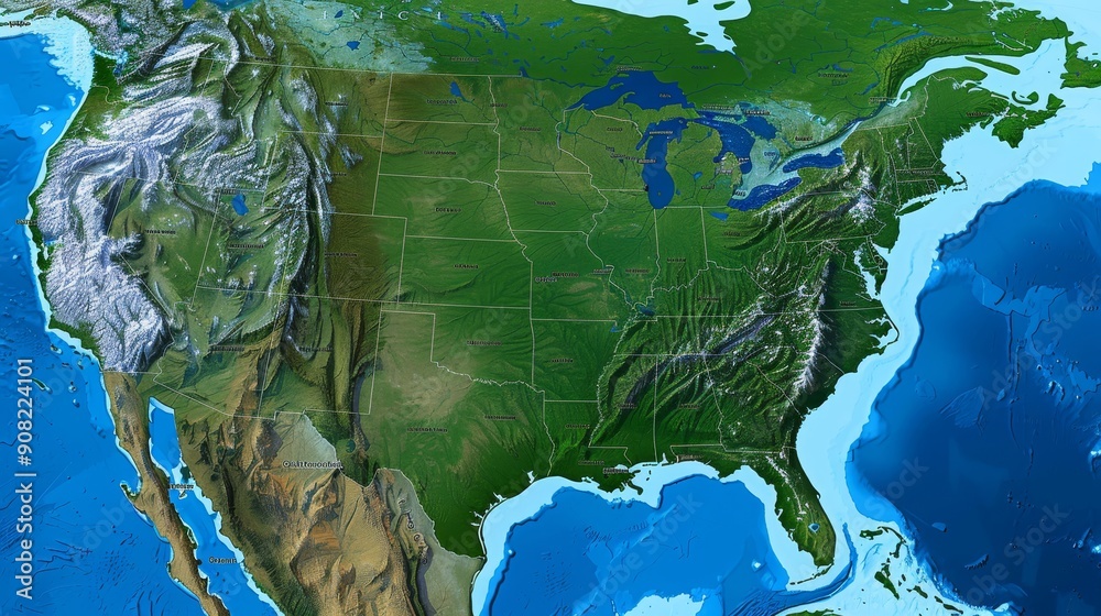 Satellite View of the United States with State Borders and Names ...