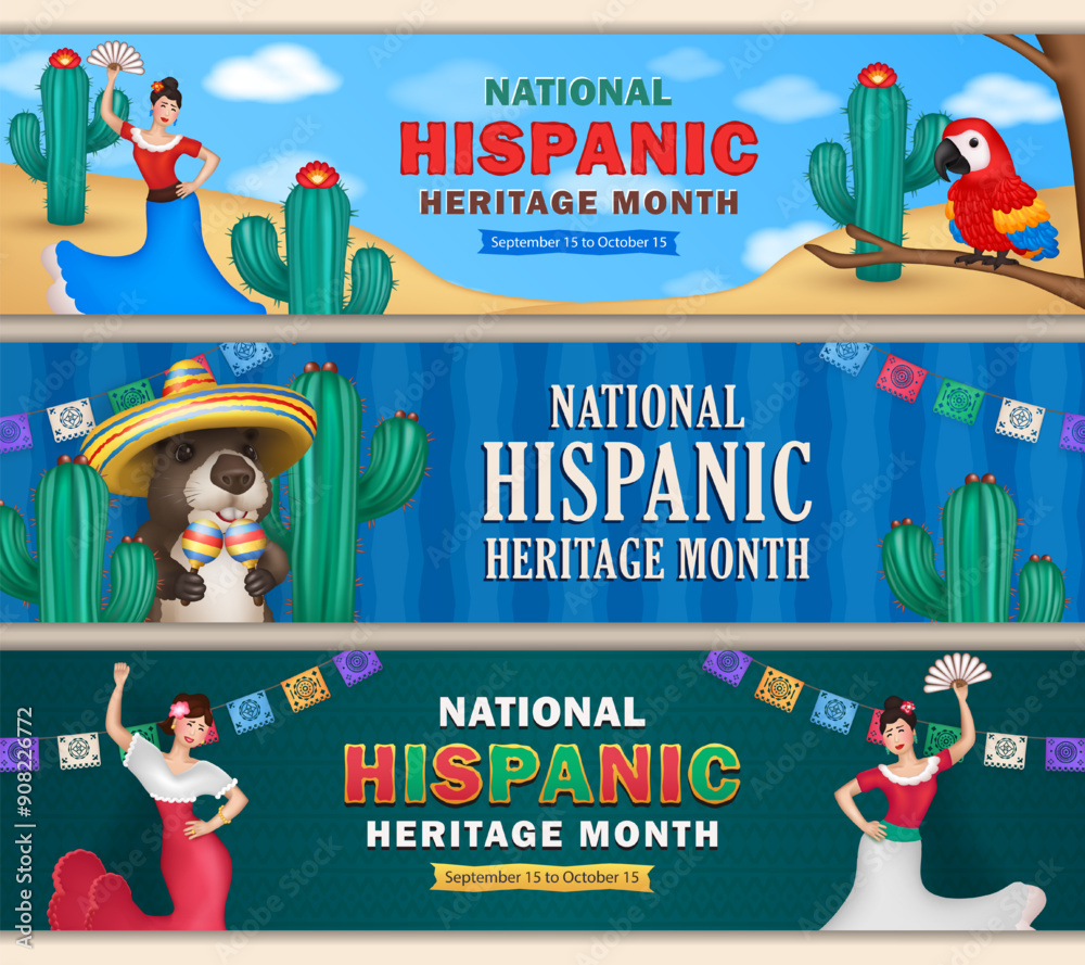 Set of cartoon Hispanic Heritage Month panoramic banners with ethnic ...