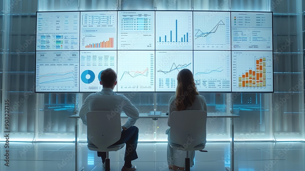 Two business Users sitting with backs to viewer and watching at ...