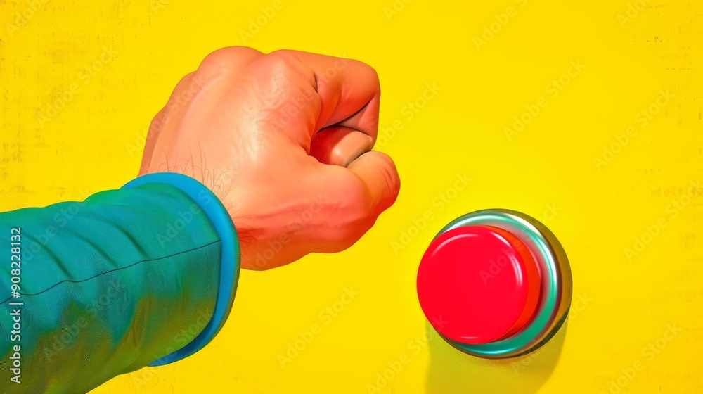 cartoon hand in blue sleeve is going to press the big red alert button ...