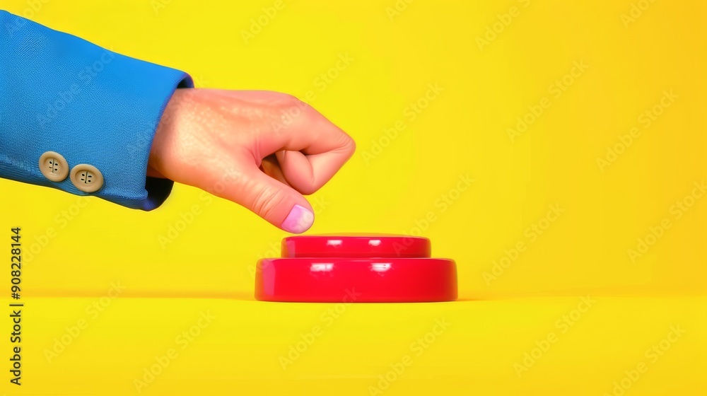 cartoon hand in blue sleeve is going to press the big red alert button ...