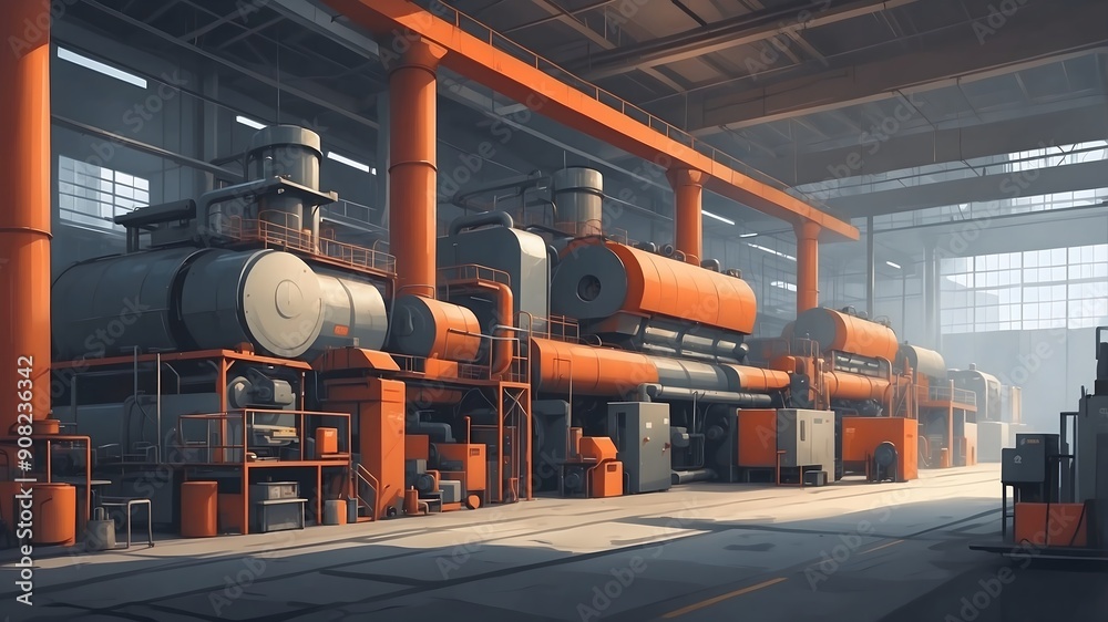 An overview of a factory floor filled with industrial equipment and ...