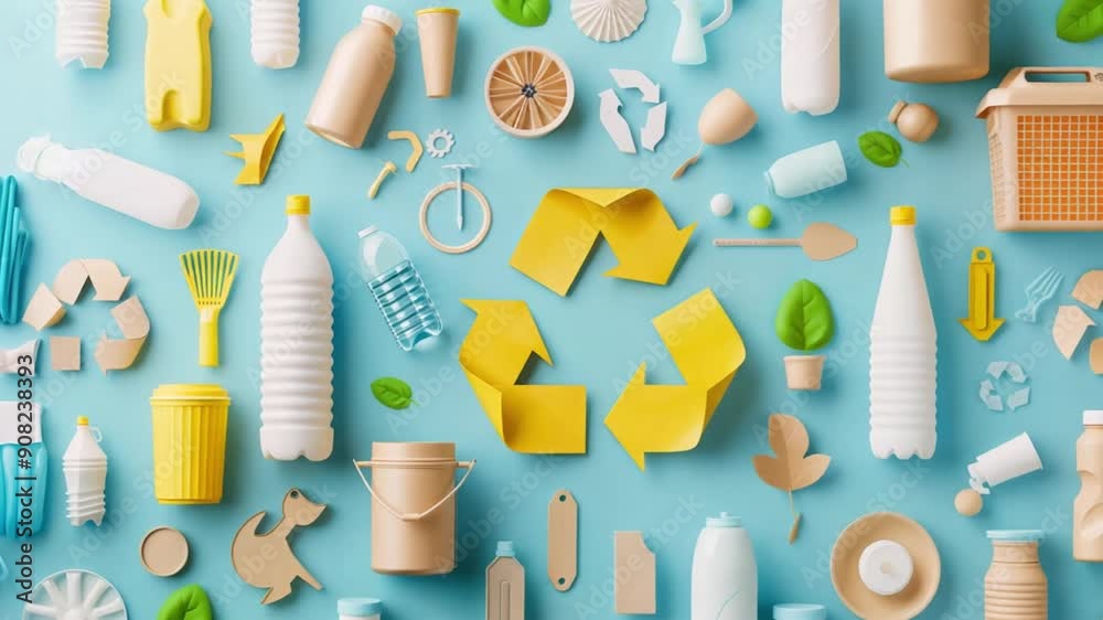Assorted recyclable objects around recycling symbol, eco-friendly ...