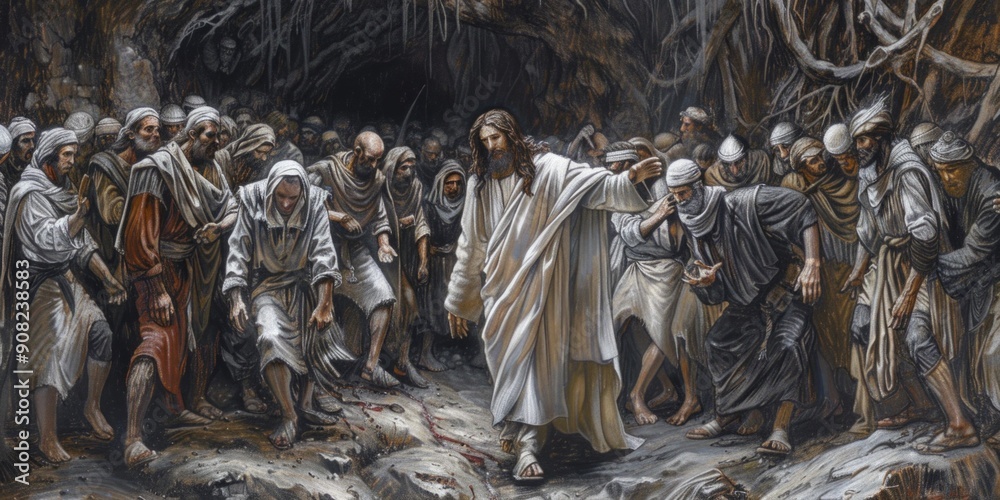 Jesus, surrounded by his disciples, is led away by Roman soldiers in ...