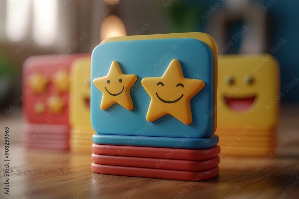 Stack of rating cards with stars and happy faces, customer satisfaction ...