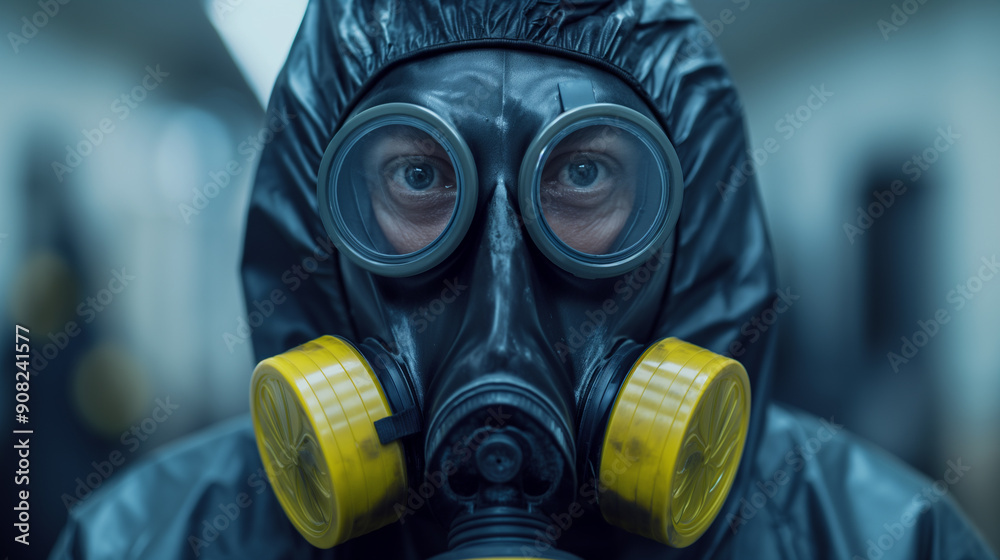 Person in hazmat suit with gas mask, hazardous materials handling ...