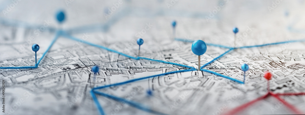 Find your way. Location marking with a pin on a map with routes ...