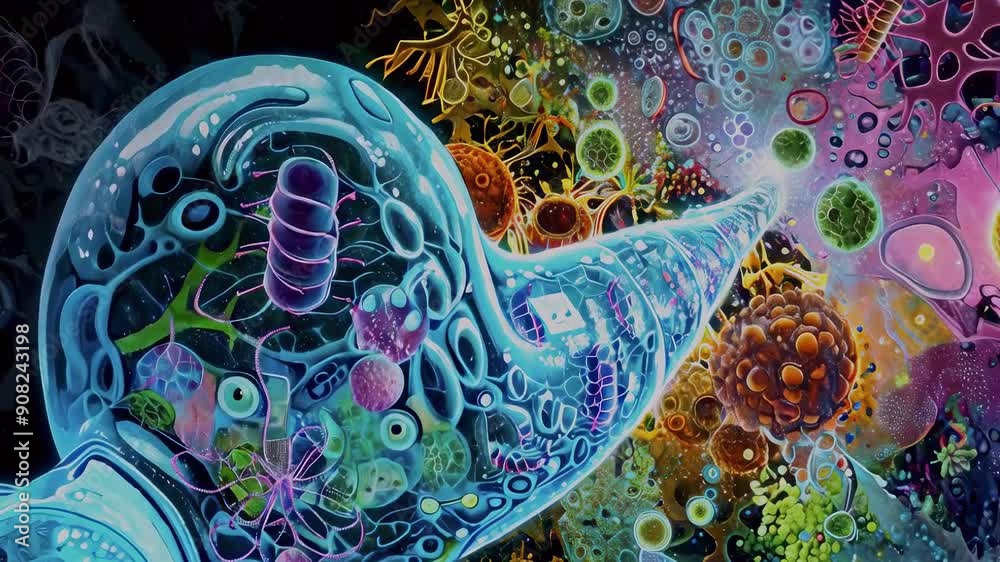 A highly detailed and colorful illustration depicts a futuristic ...