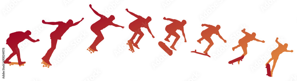 Dynamic silhouette sequence of skateboarder performing mid-air trick ...
