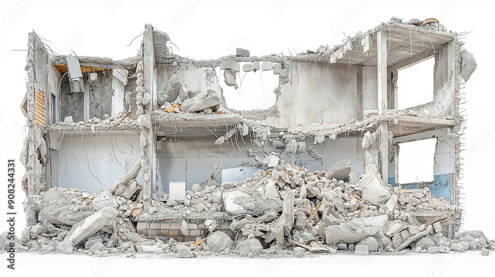 Demolished building ruins, urban decay, construction debris, abandoned ...