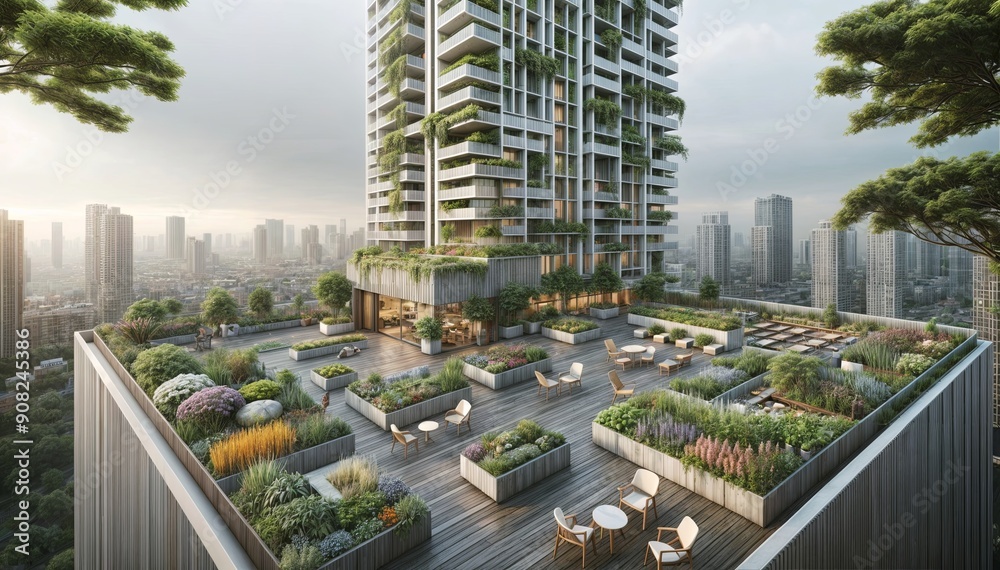 High-rise building with the garden on the roof, featuring a mix of ...