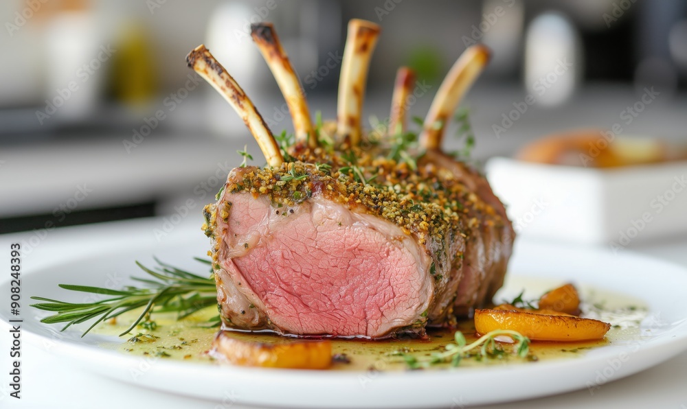 Perfectly cooked herb crusted lamb chop with golden brown crust ...