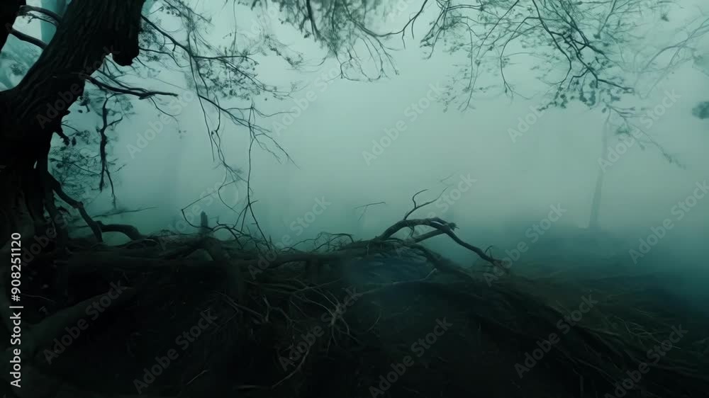 Wispy tendrils of mist drift through the twisted trunks and skeletal ...