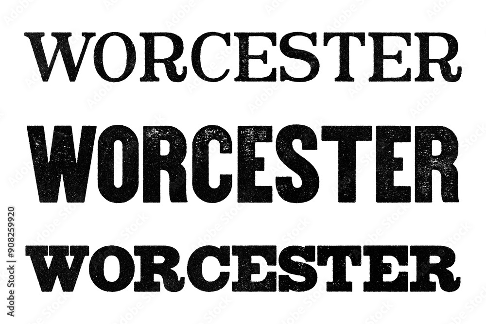 Worcester city name written in distressed vintage serif, sans serif and ...
