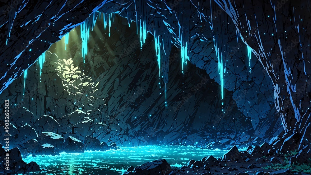 mysterious caverns deep dark caves with glowing crysta anime Stock ...