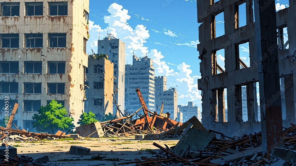postwar ruins devastated cityscape with remnants of a anime Stock ...