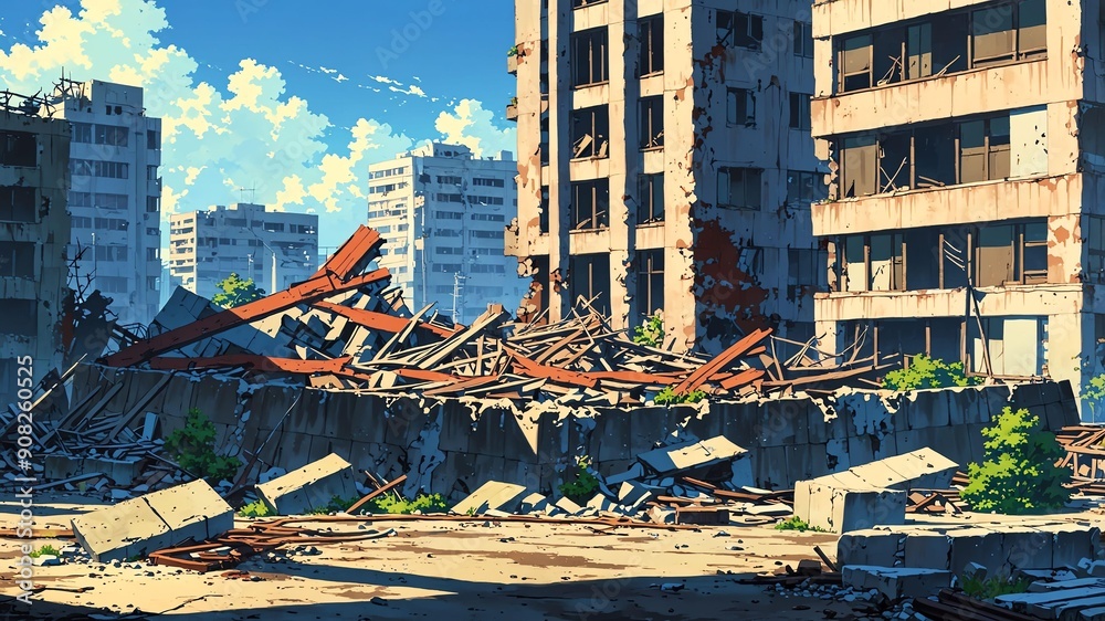 postwar ruins devastated cityscape with remnants of a anime Stock ...