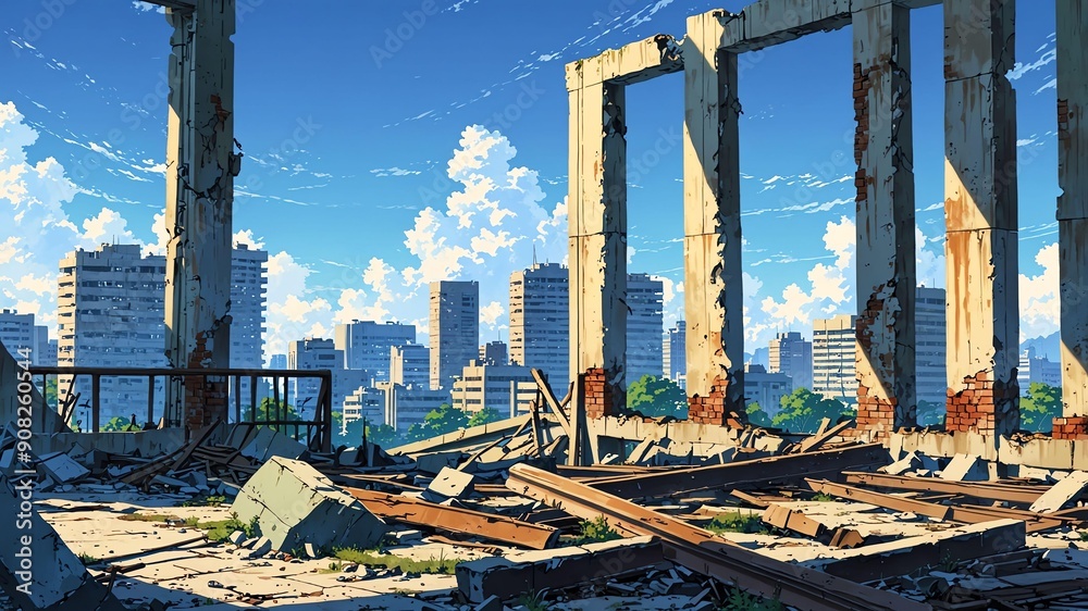 postwar ruins devastated cityscape with remnants of a anime Stock ...