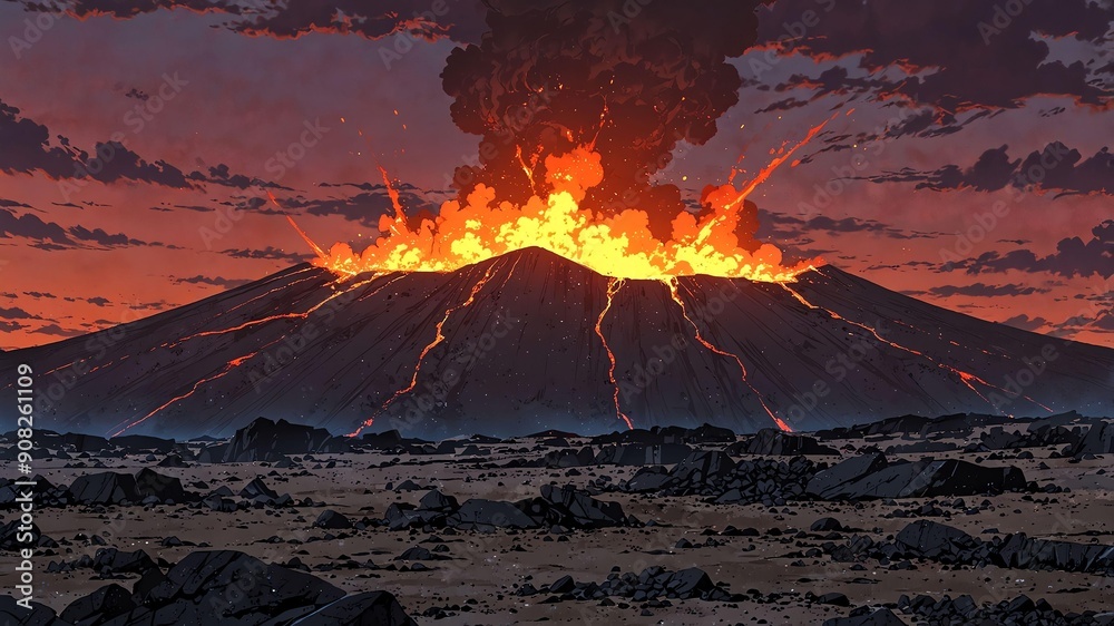 volcanic landscape a dramatic landscape with active vo anime Stock ...