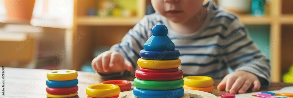 Child engaging in fine motor skills activity with colorful wooden rings ...