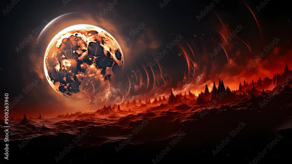 A fiery, alien landscape with a glowing moon and swirling clouds. The ...