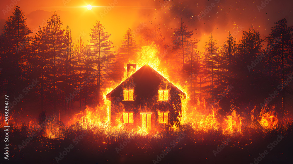 urgent home at risk from forest fire. concept emergency response ...