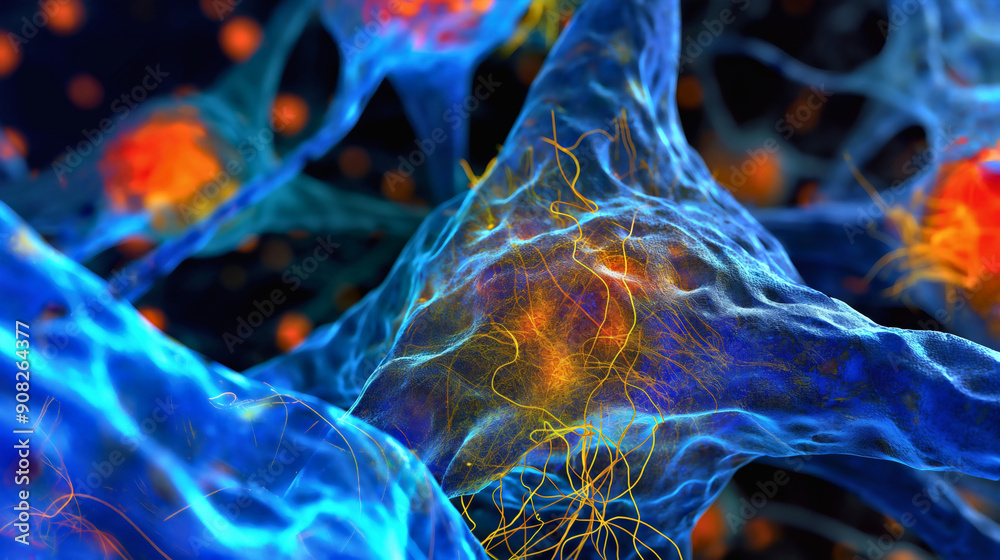 Closeup of blue human body cells under microscope. Biology science ...
