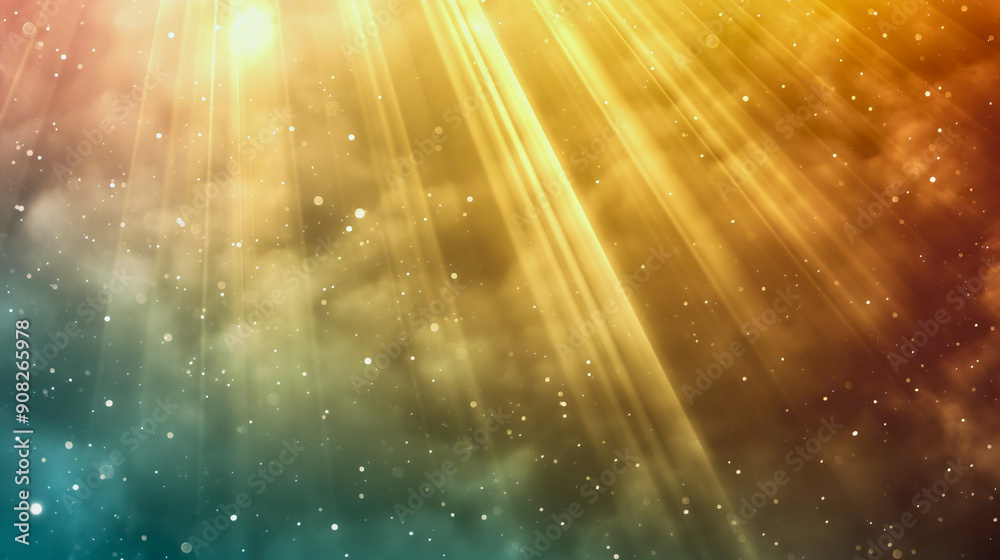 Sun rays on yellow sky with clouds. Bright summer sunshine or sunlight ...