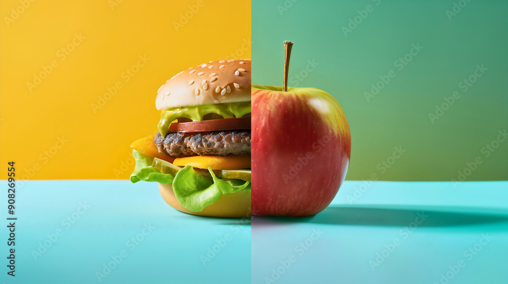 Image split in half, hamburger and apple. Healthy vs unhealthy food ...