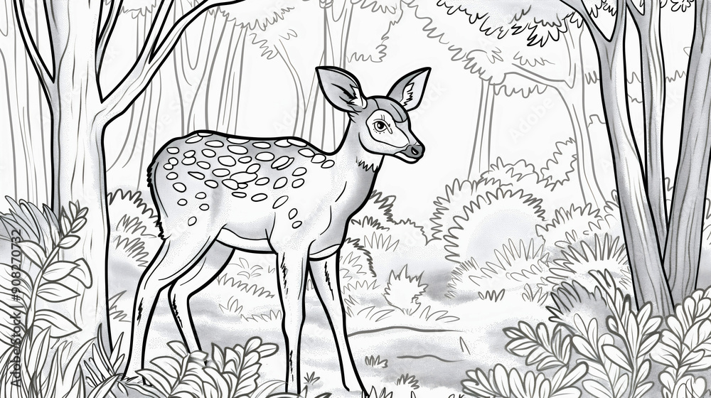 Cute fawn in forest wildlife nature outline contour drawing ...