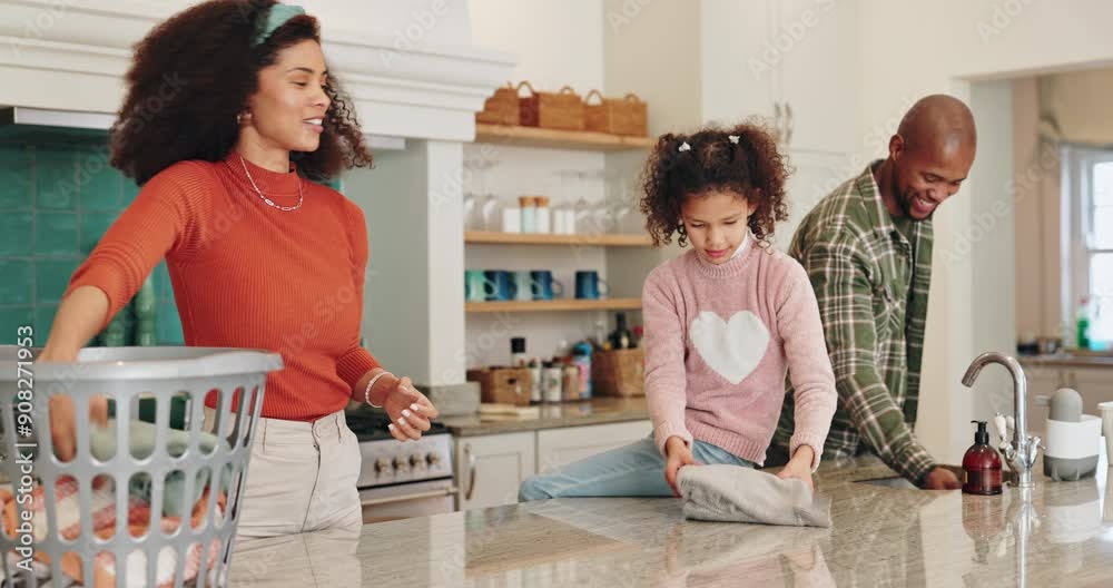 Laundry, home and mother with girl, father and chore with happiness ...