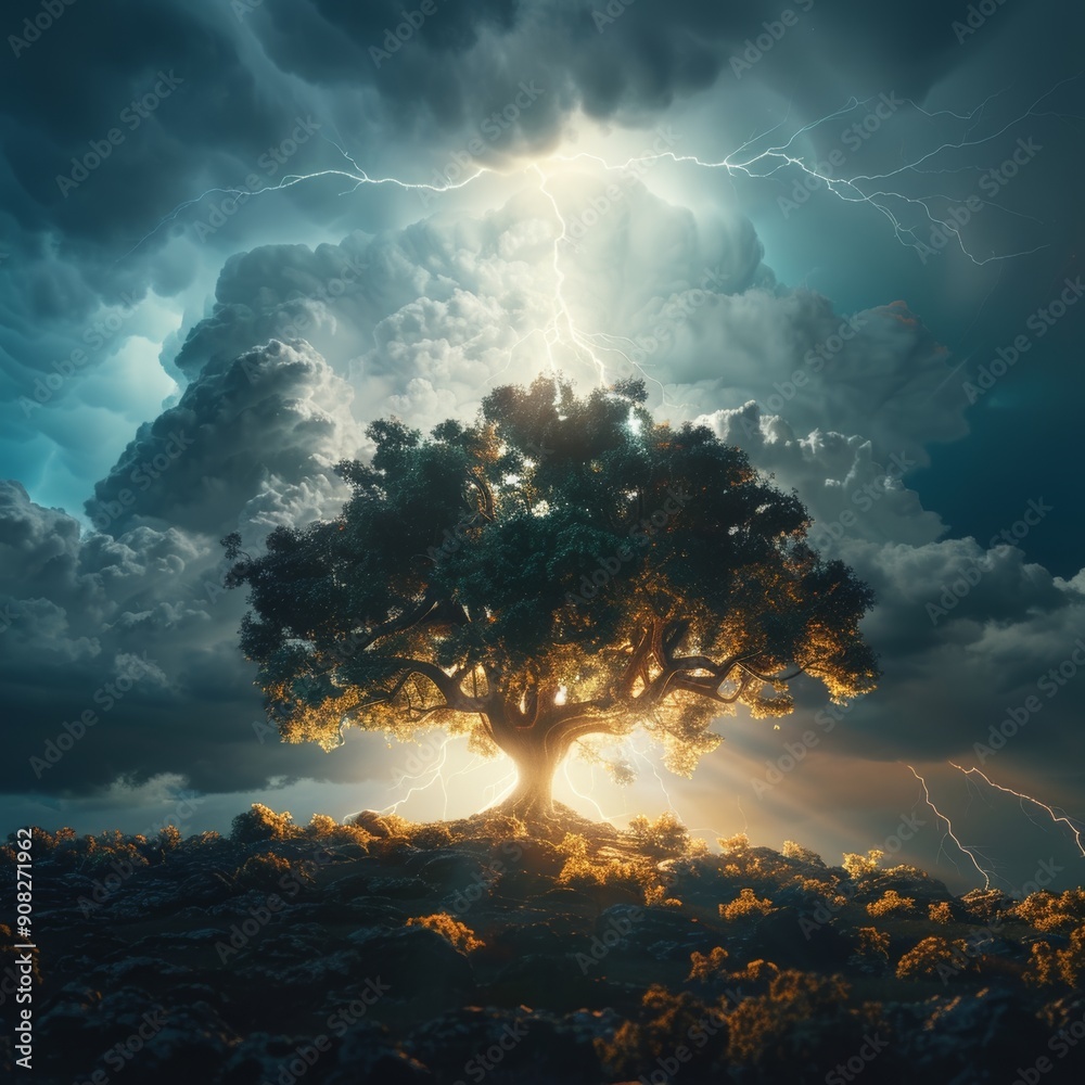 Ancient mystical tree under stormy sky with lightning and glowing light ...
