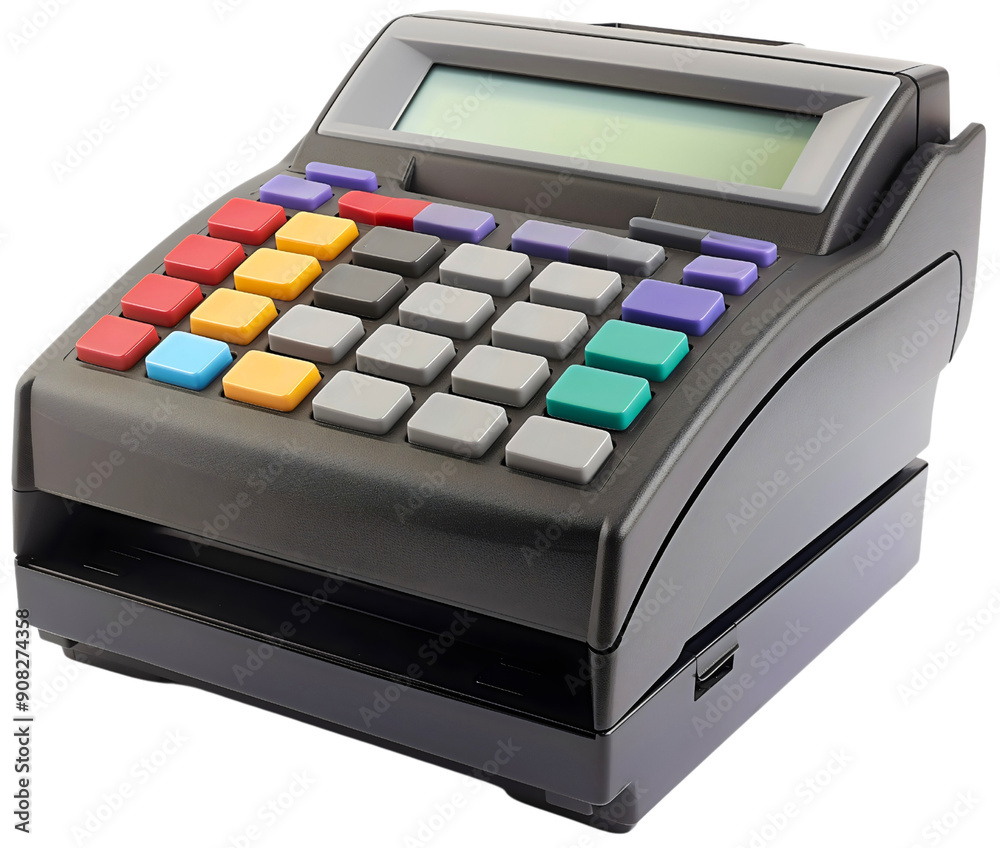 Modern black gray cash register with buttons and small display screen ...